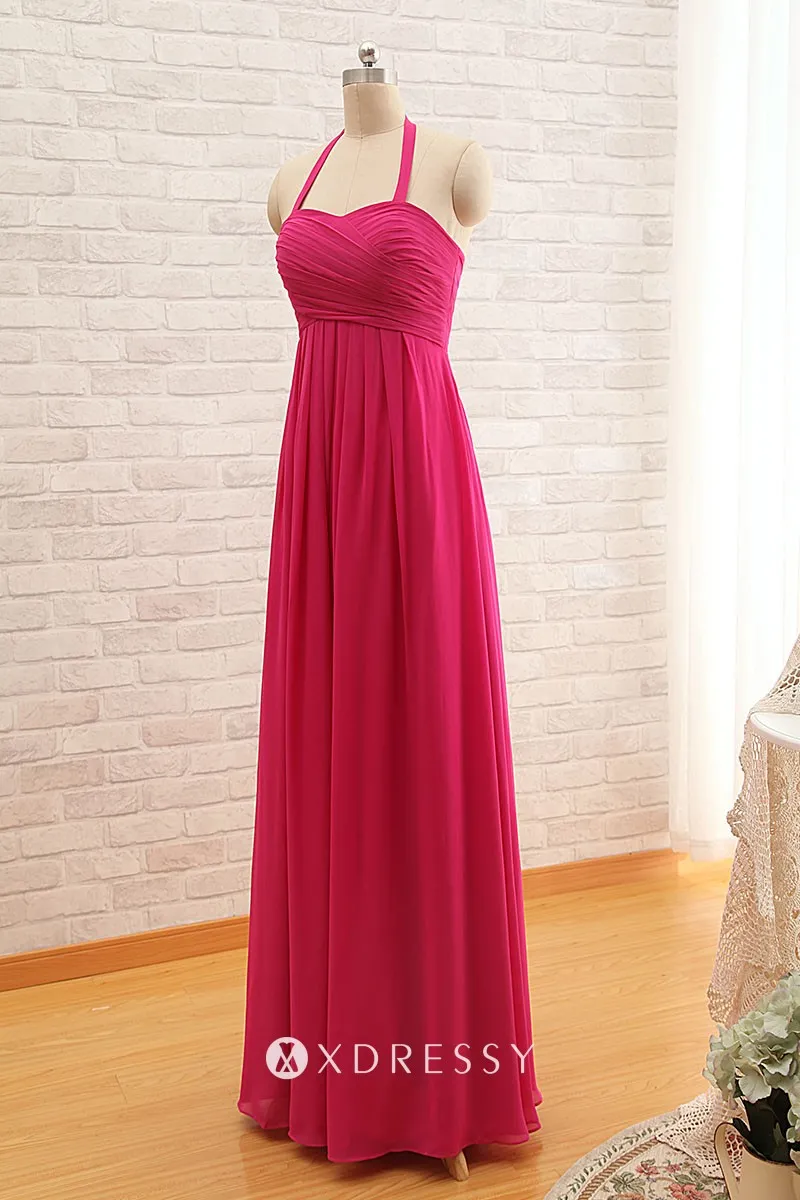 Empire Waist Hot Pink Ruched Long Bridesmaid Dress - Xdressy