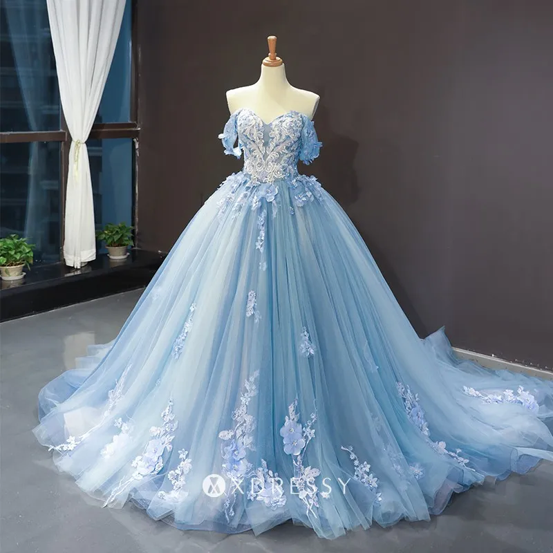 Floral Lace Appliqued Ice Blue Princess Ball Gown Dress - Xdressy