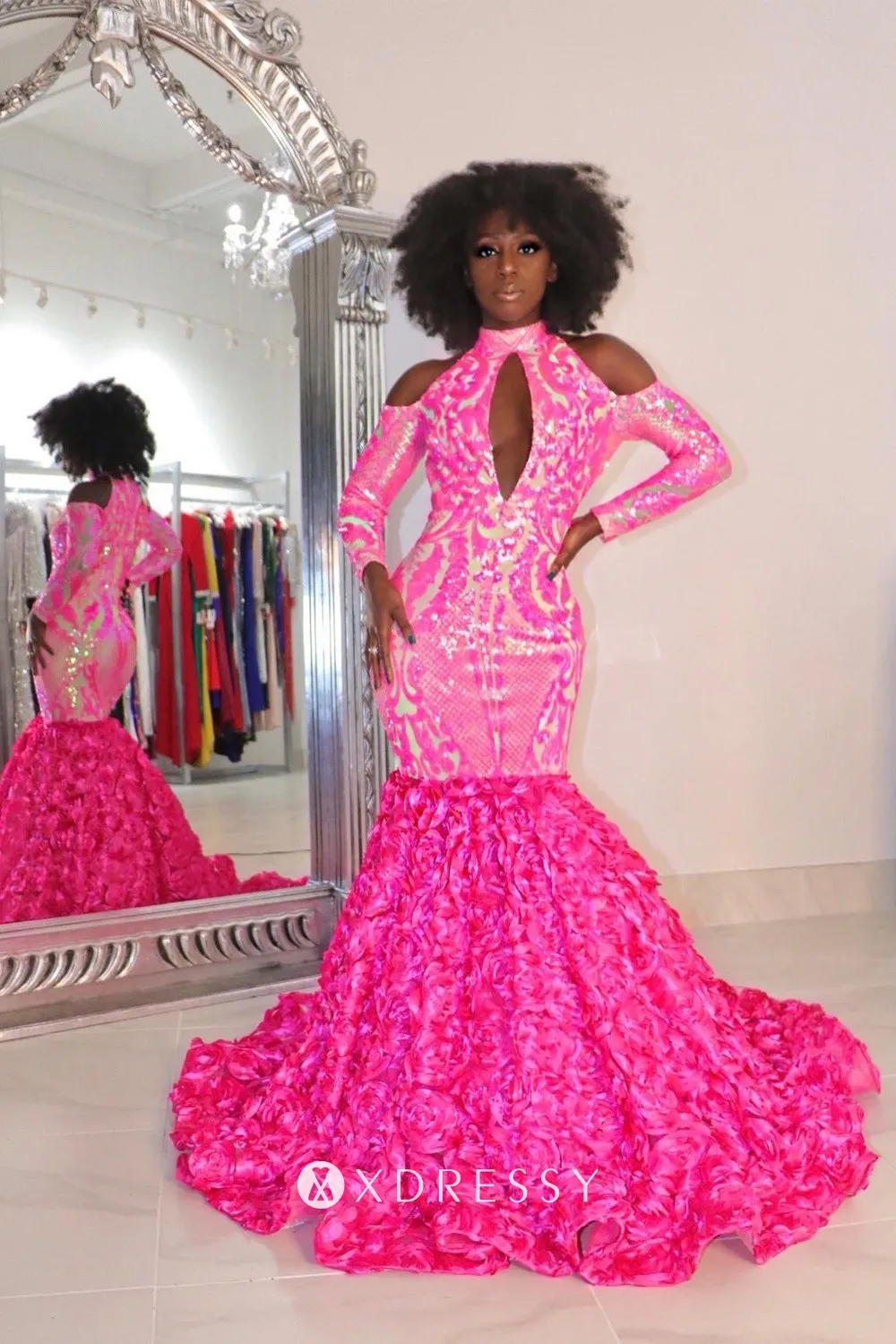 Hot Pink Sequin & 3D Rose African American Prom Dress - Xdressy