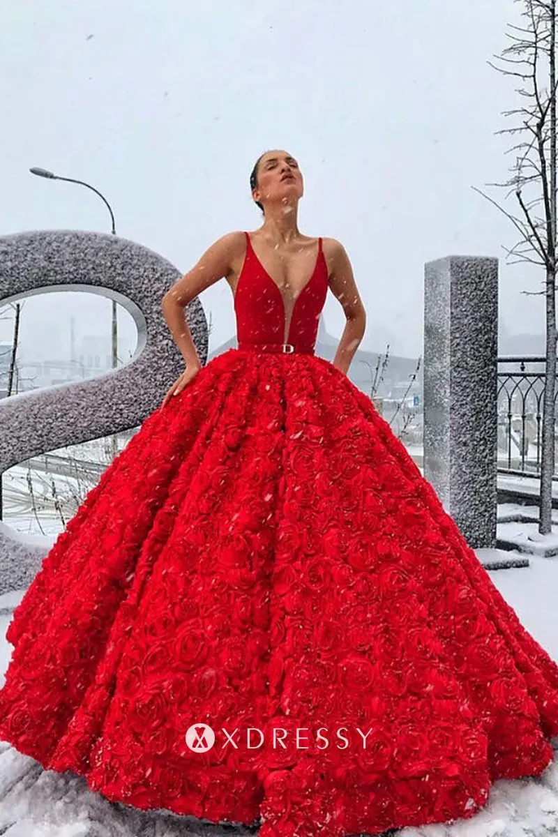 Stunning 3D Rosette Plunging V Neck Princess Prom Gown - Xdressy