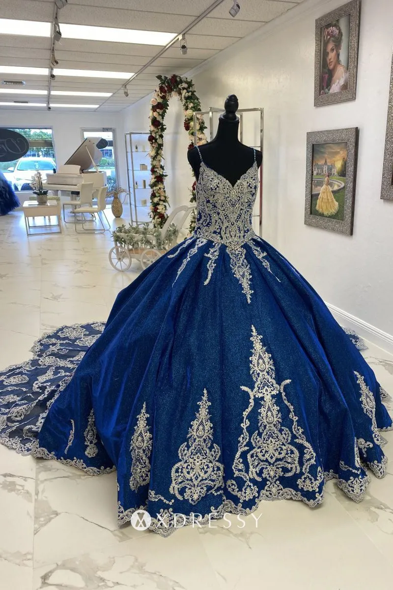 Indigo Blue Glitter Tulle Ivory Lace Princess Ball Gown - Xdressy