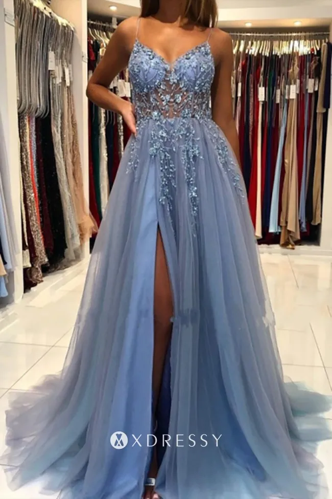 Dusty Blue Beaded Floral Lace & Tulle Sheer Prom Gown - Xdressy
