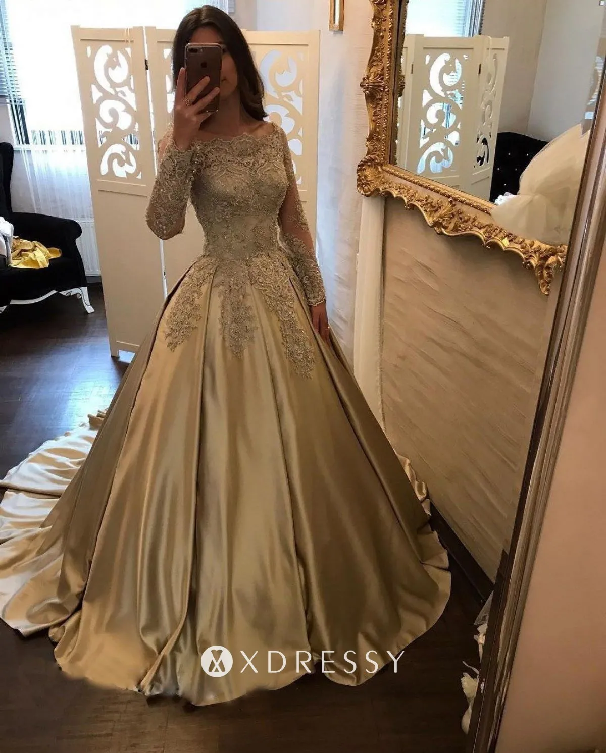 Off-Shoulder Long Sleeve Beaded Lace Satin Ball Gown - Xdressy