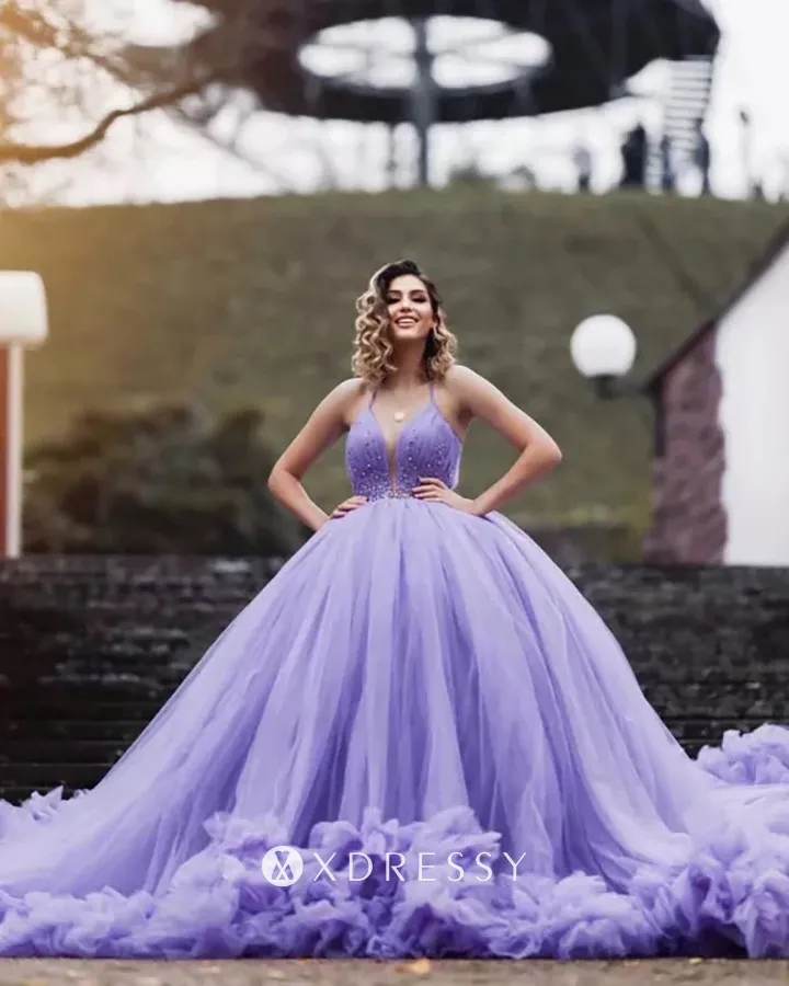 Beaded Lavender Tulle Ruffled Train Puffy Prom Dress - Xdressy