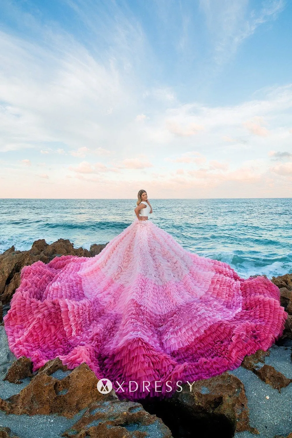 Gradient Fuchsia Tulle Ruffled Train 2 Piece Prom Gown - Xdressy