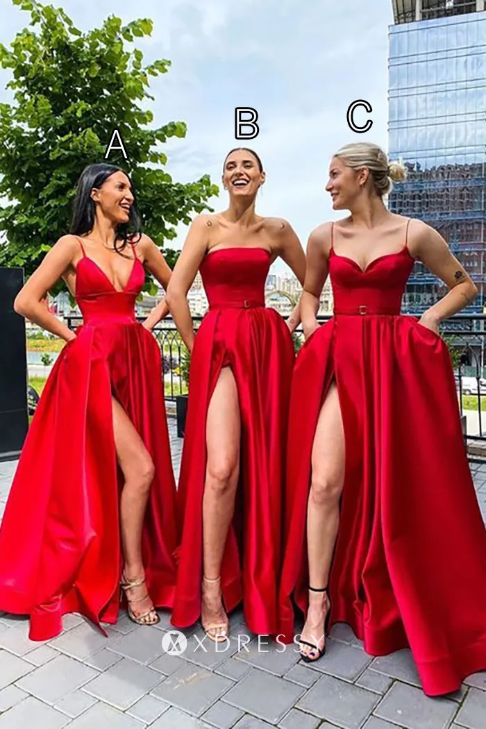 Red Satin A-line Front Slit Long Minimalist Prom Dress - Xdressy
