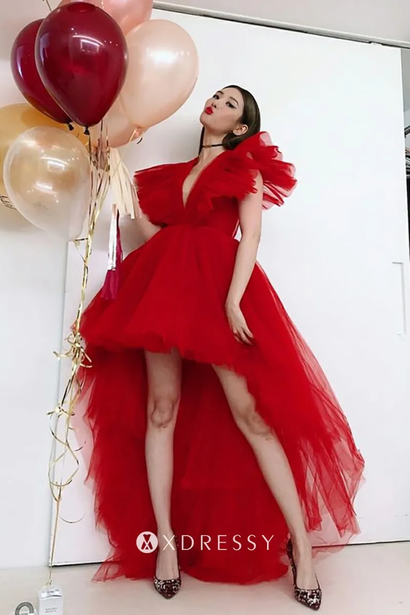 Fashion V-neck Flutter Sleeve High-Low Red Prom Dress - Xdressy