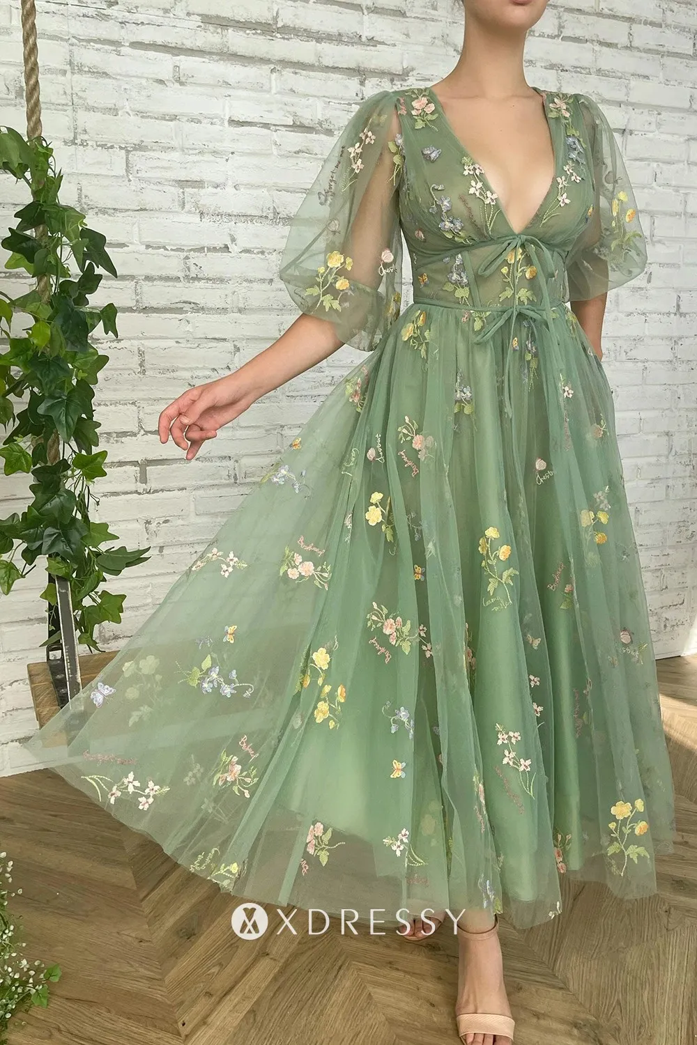 Green Floral Tulle Deep V-neck Ankle Length Prom Gown - Xdressy