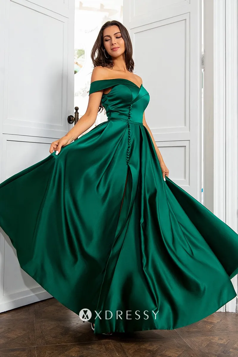 Elegant Dark Green Satin Button High Slit Evening Gown - Xdressy