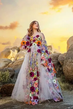 Pearls Off-shoulder Puffy Sleeved Blue Prom Gown - Xdressy