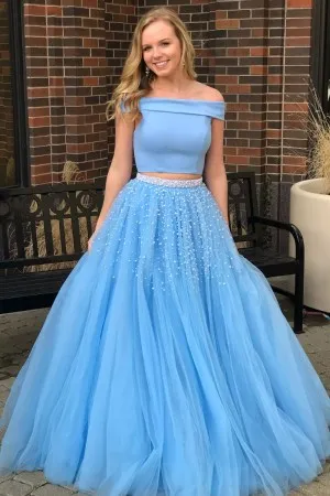 Ruffled Off-the-shoulder Ice Blue Formal Ball Gown - Xdressy