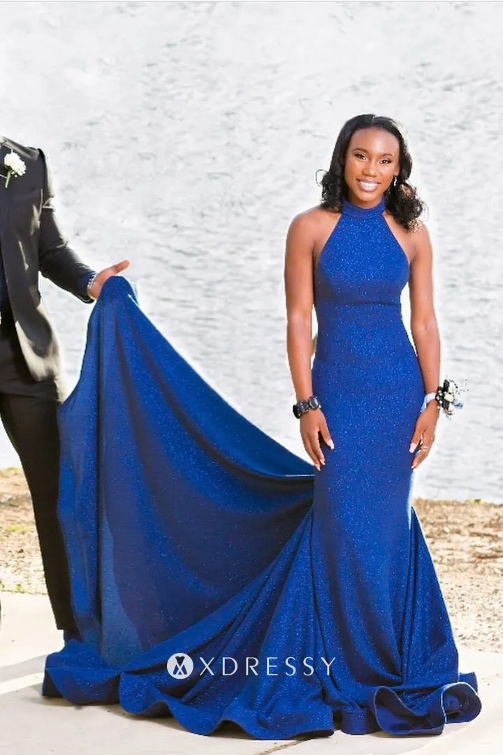 Glitter Royal Blue Sleeveless Mermaid Prom Dress - Xdressy