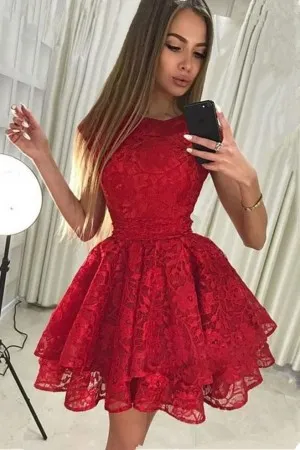 Jewel Neck Red Thick Satin Short Cocktail Dress - Xdressy