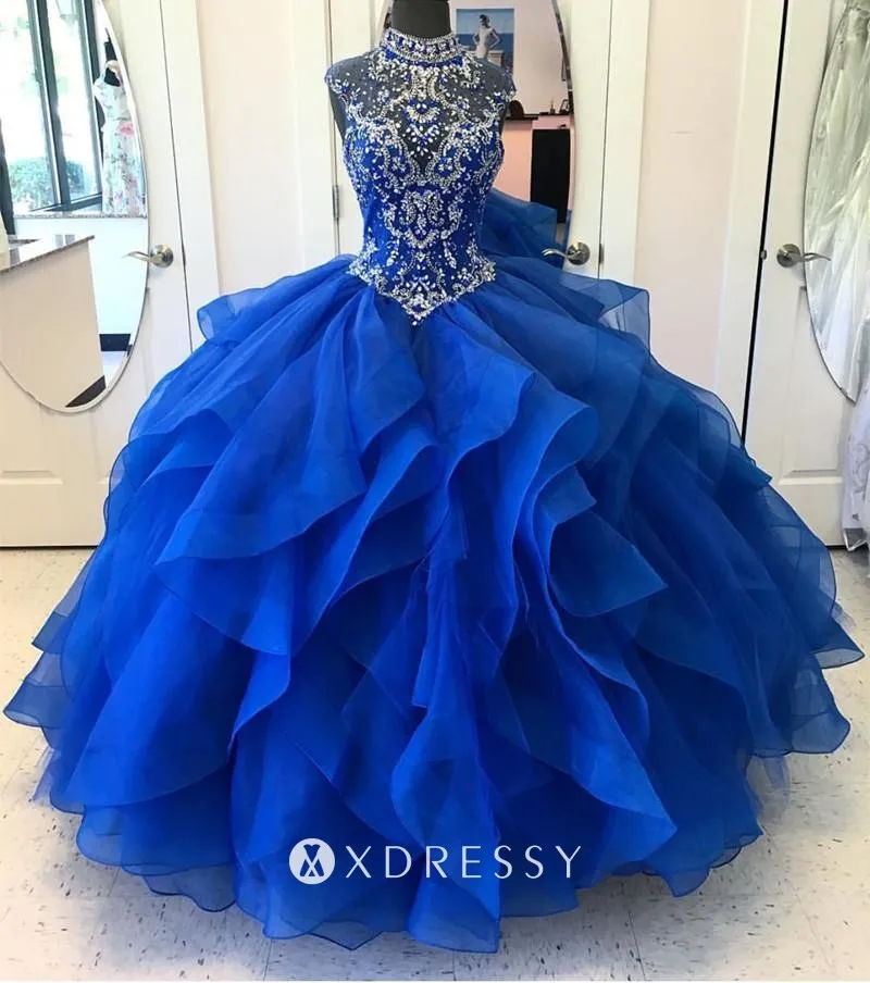 Beaded High Neck Ruffled Organza Blue Ball Gown - Xdressy