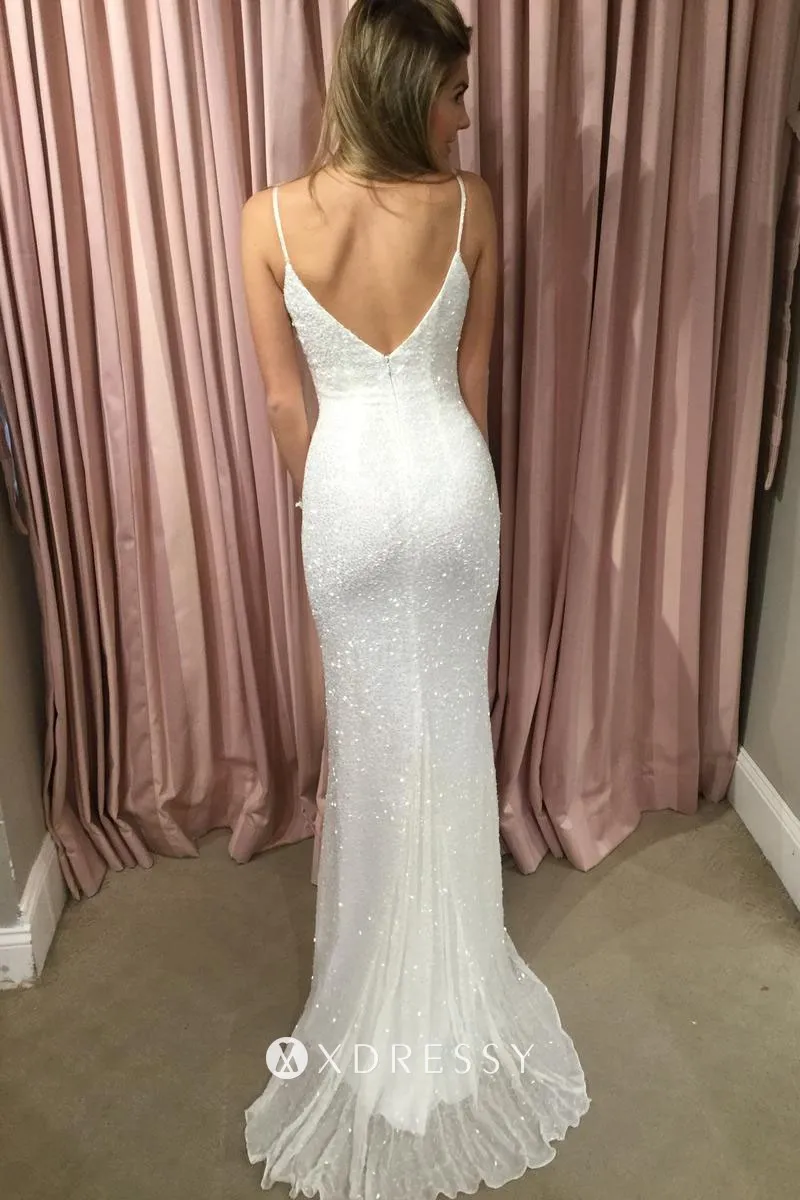 Ivory Glitter Plunging V Neck Mermaid Prom Dress - Xdressy