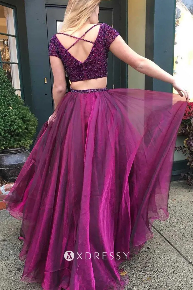 Two-piece Magenta Pearls & Tulle V Neck Prom Dress - Xdressy