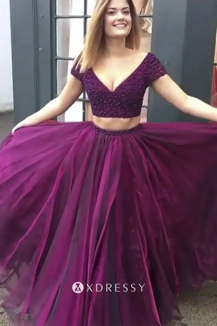 Two-piece Magenta Pearls & Tulle V Neck Prom Dress - Xdressy