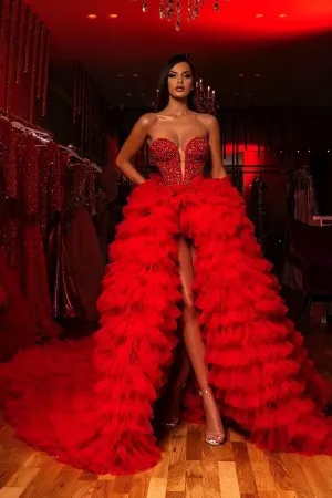 Shiny Fabric Red Double-slit Unqiue Prom Dress - Xdressy