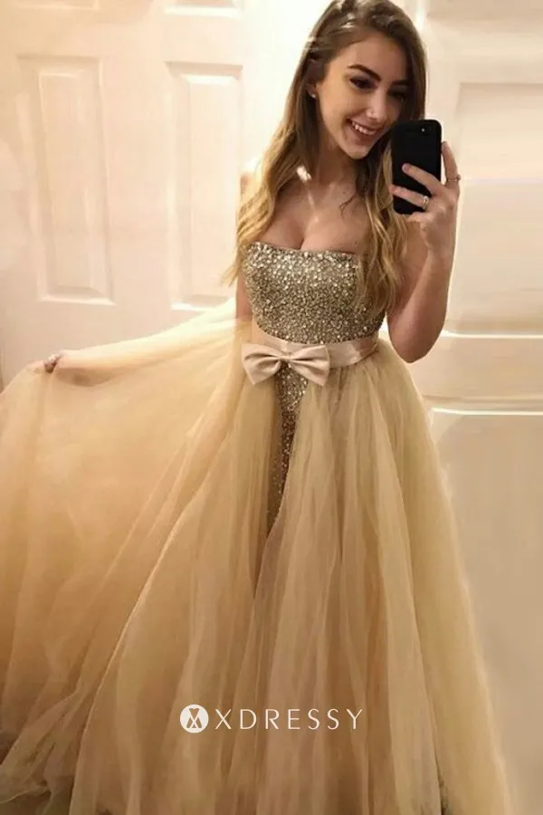 Champagne Gold Beading Sheath Prom Gown Tulle Overskirt - Xdressy
