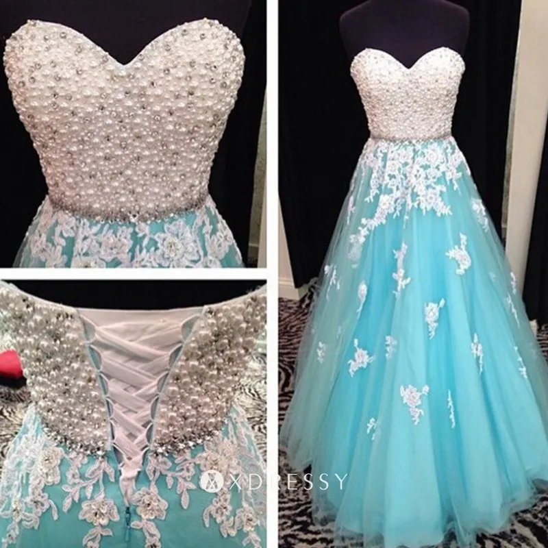 Pearls Embellished Bodice Blue Tulle Prom Dress - Xdressy