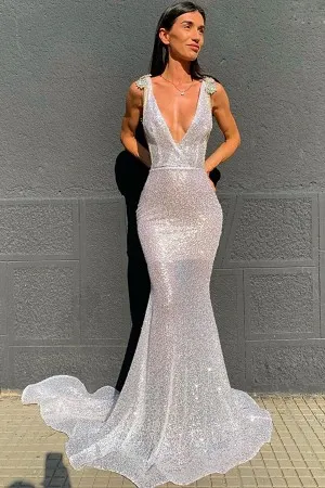 Glitter Sheer Light Champagne Long Train Prom Gown - Xdressy