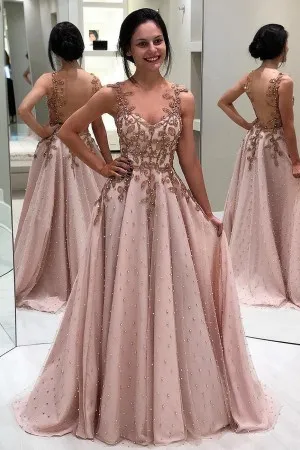 Strapless Lace Pearls Nude Pink Mermaid Prom Dress - Xdressy
