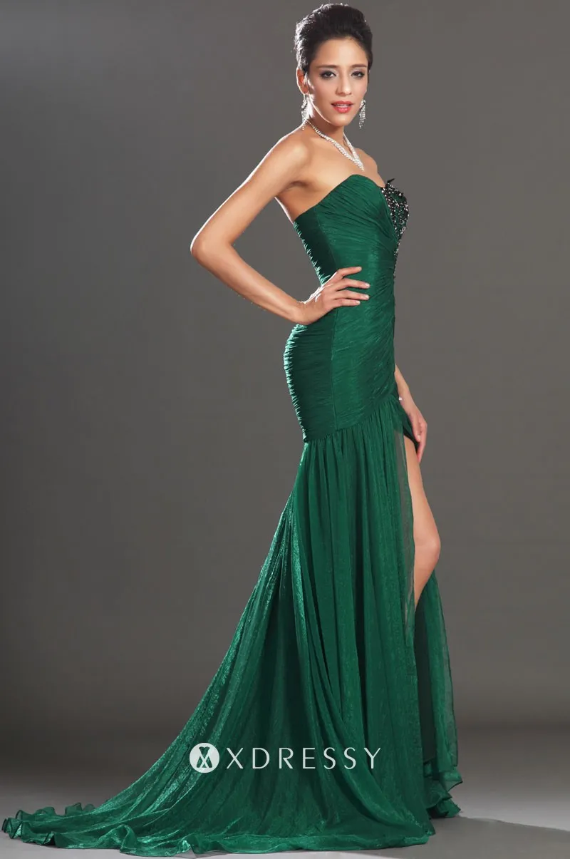 Drop Waist Slit Strapless Pleated Green Prom Dress - Xdressy