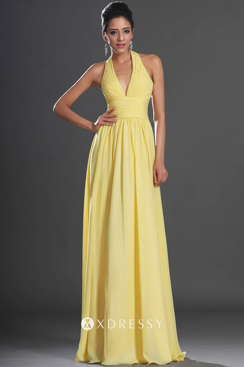Halter V Neck Pleated Yellow Chiffon Prom Dress - Xdressy