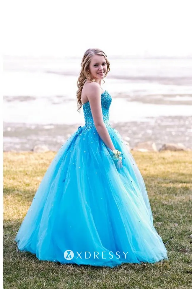 Diamond Basque Waist Pool Blue Engagement Ballgown - Xdressy