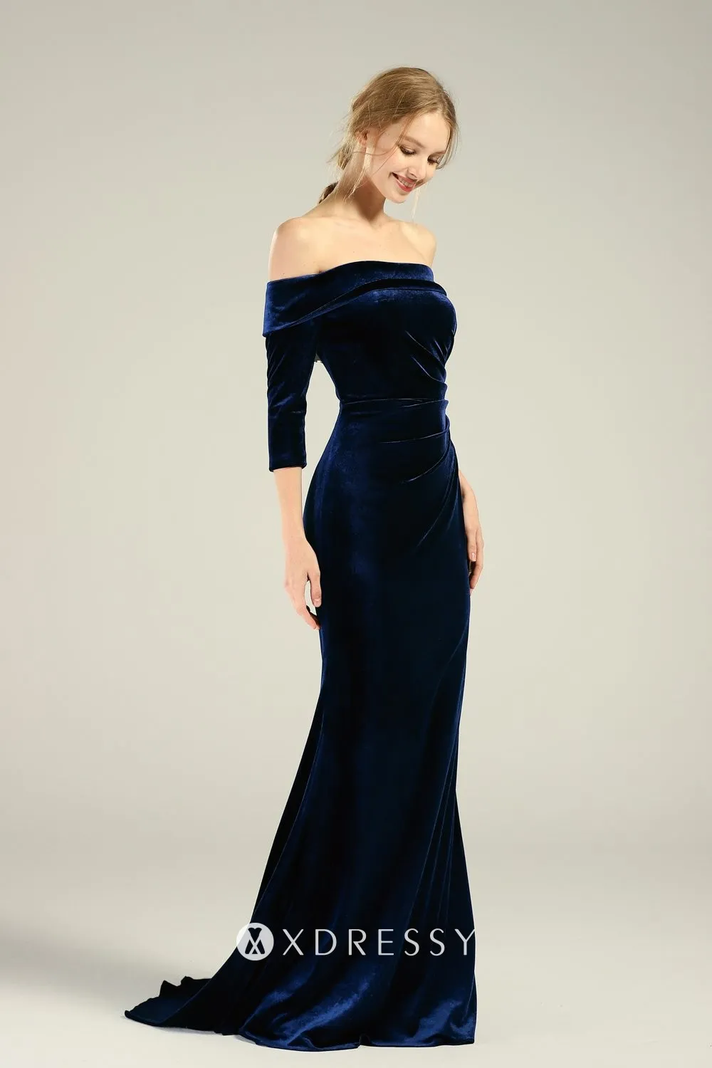 Off-shoulder Navy Blue Velvet Short Train Dress - Xdressy