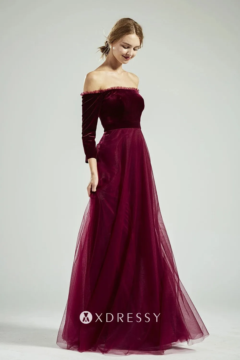 Off-shoulder 3/4 Sleeves Merlot Bridesmaid Dress - Xdressy
