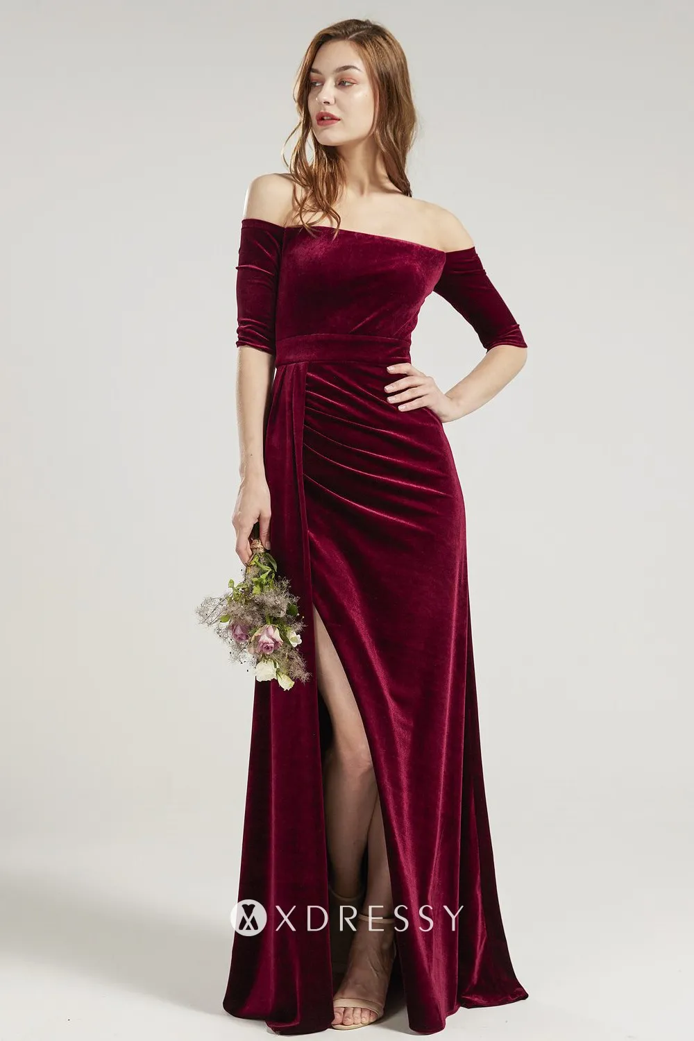 Off-shoulder Wine Velvet Split Maid of Honor Dress - Xdressy
