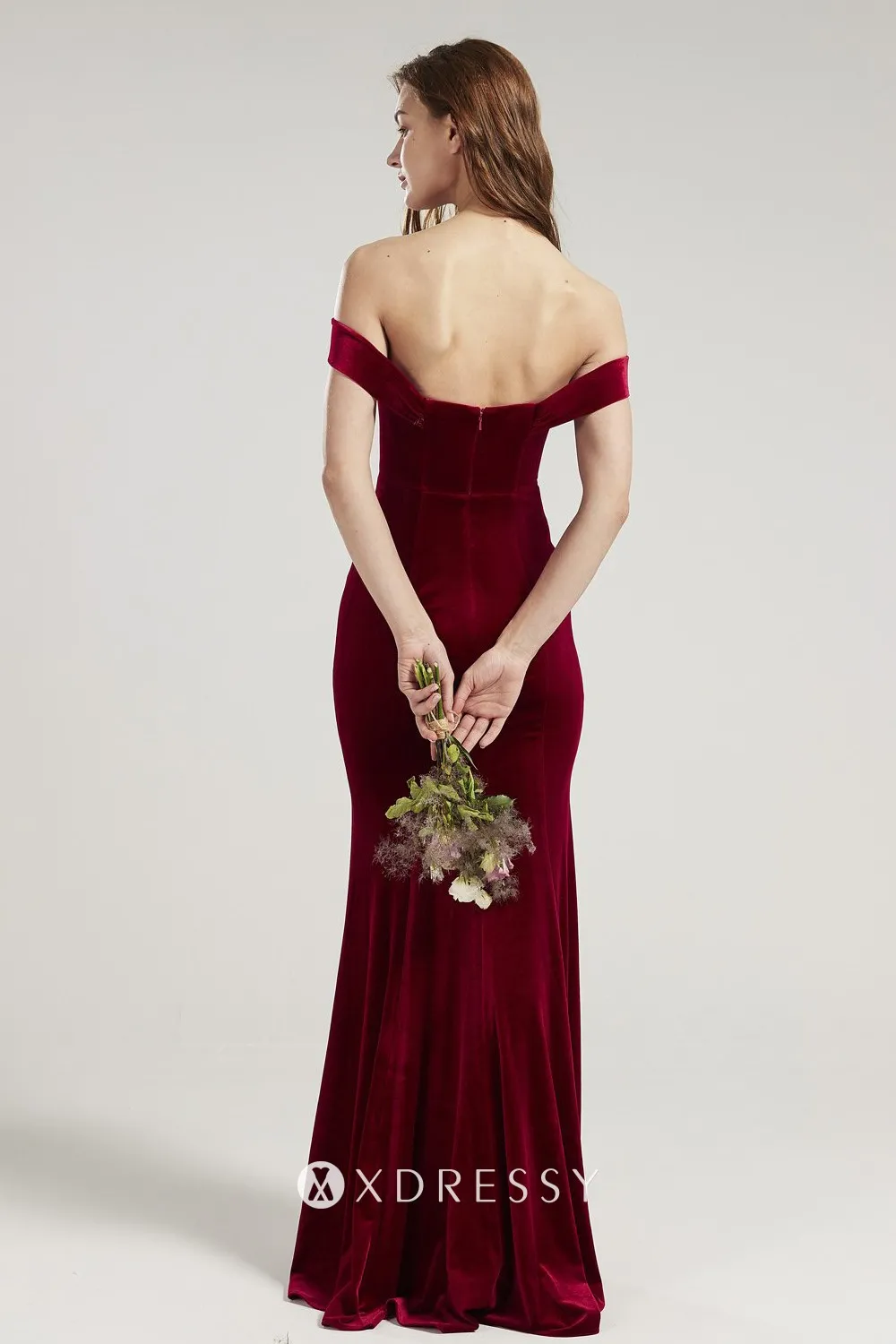 Off-shoulder Straps Slit Dark Red Bridesmaid Dress - Xdressy