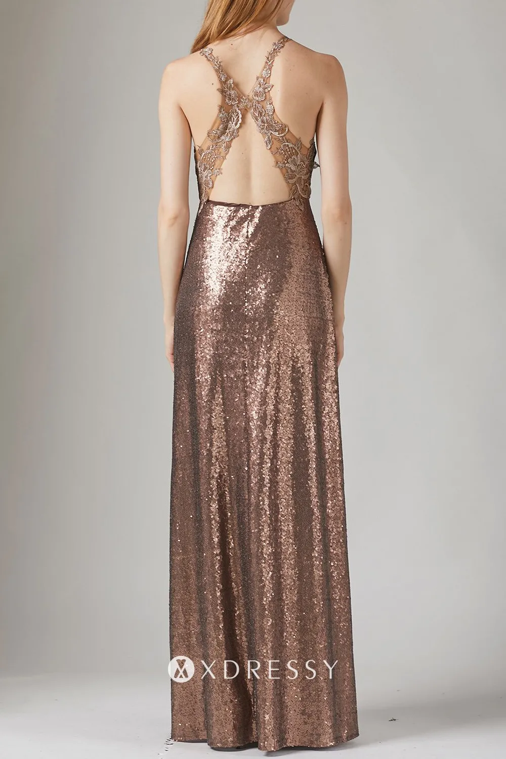 Brown Sequin Sleeveless Racerback Long Bridesmaid Dress - Xdressy