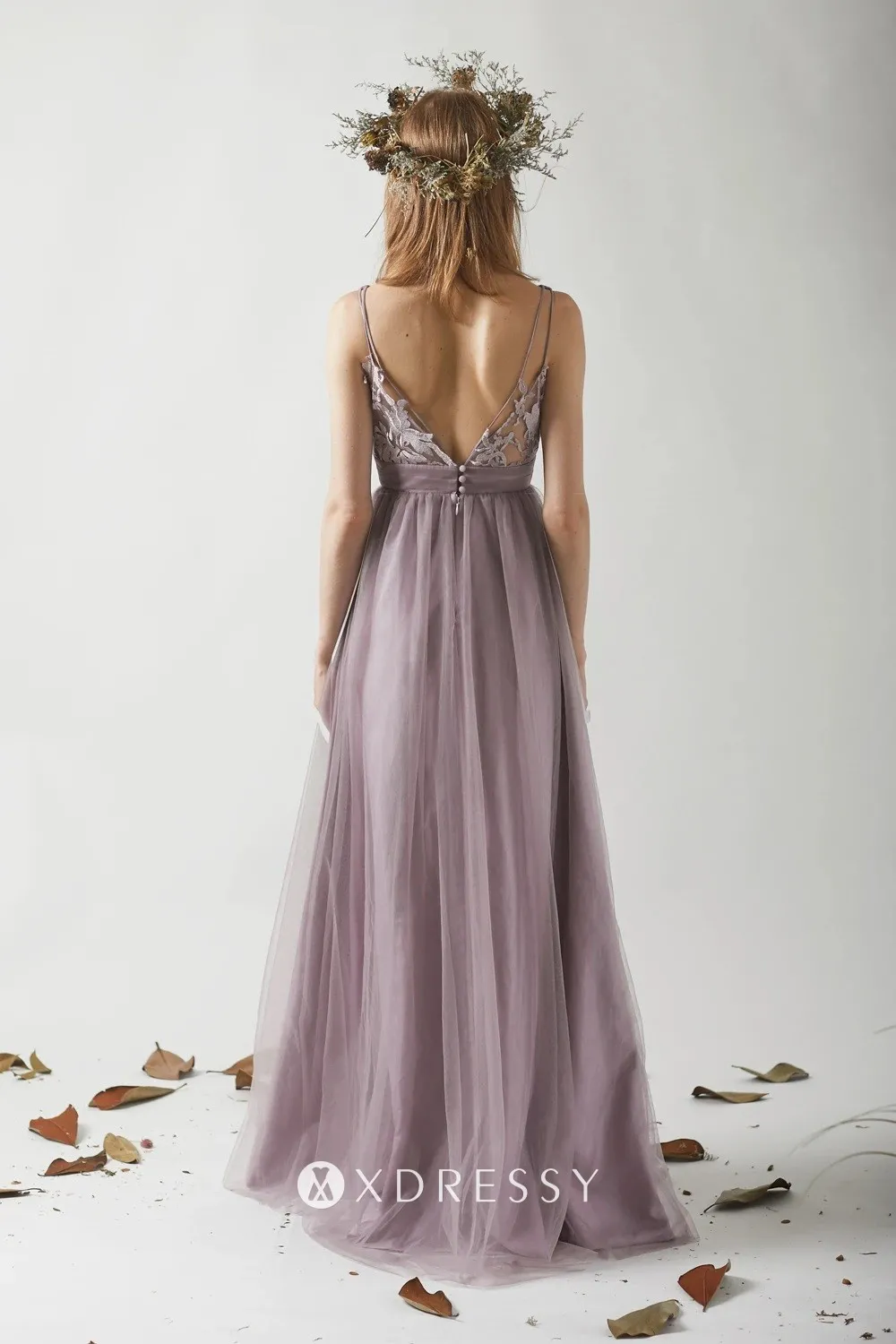 Retro Mauve Tulle & Lace V-back Bridesmaid Dress - Xdressy