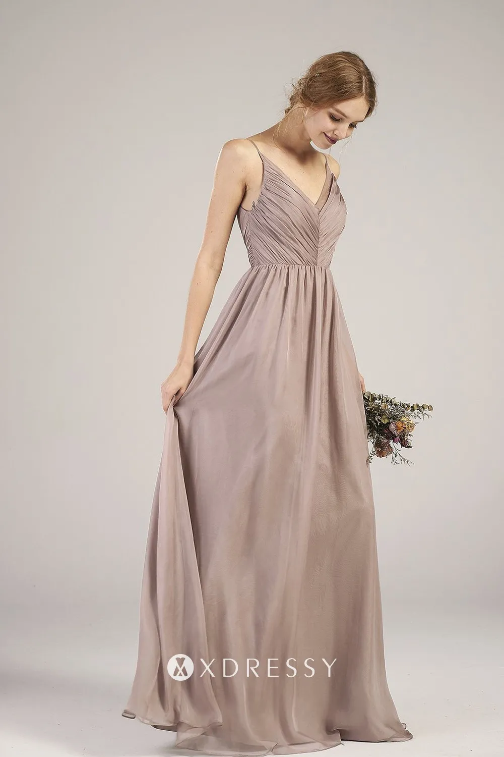 Latte Straps Pleated V-neck Chiffon Bridesmaid Dress - Xdressy