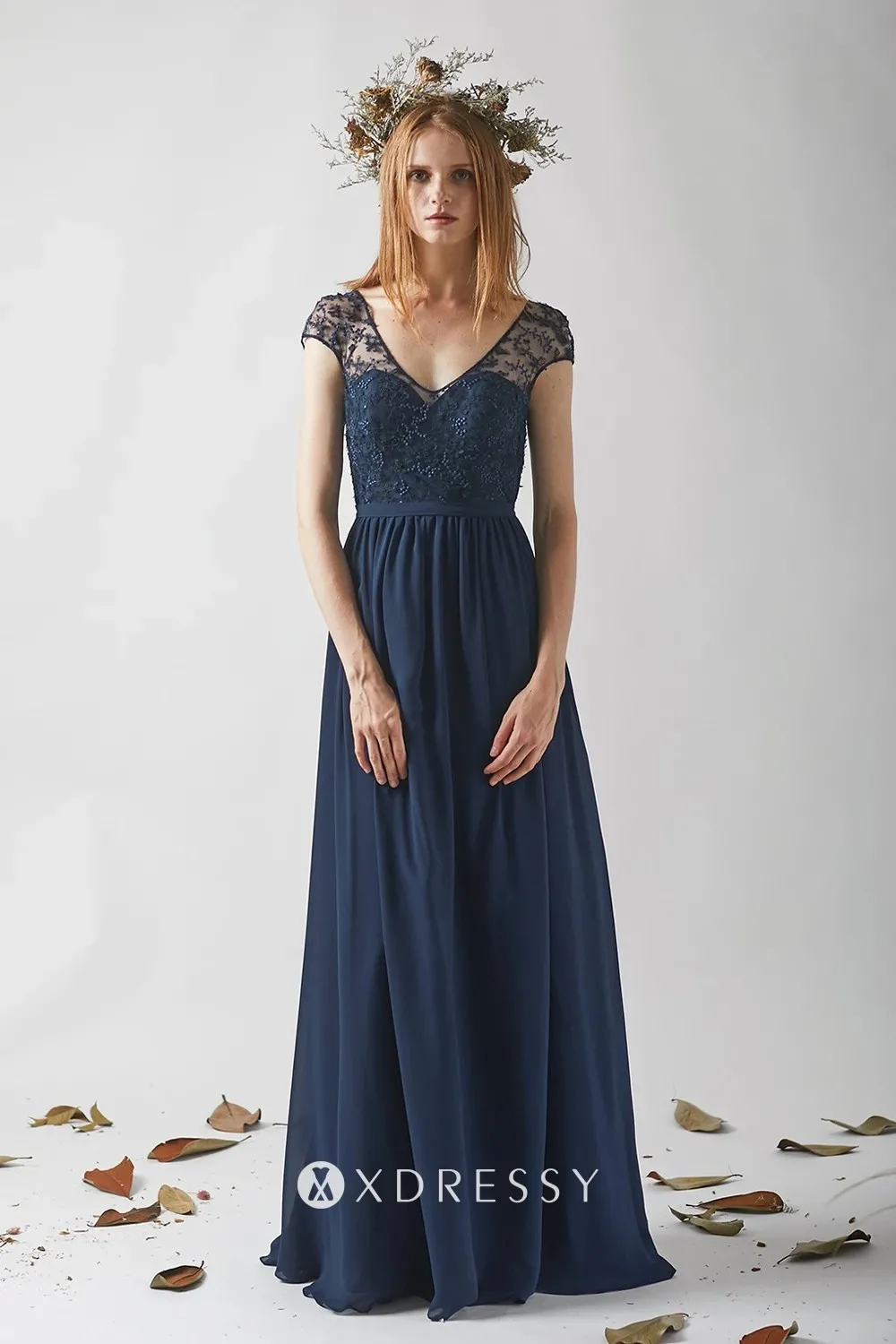 Beaded Bodice Lace Cap Sleeves Navy Blue Chiffon Dress - Xdressy