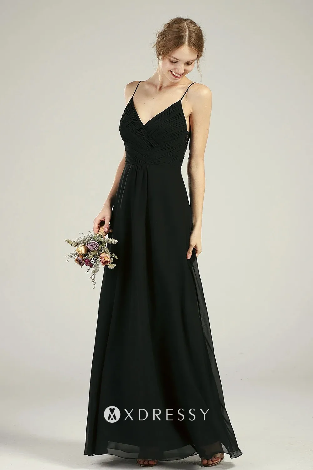 Illusion Black Lace Low Back Thin Straps Chiffon Dress - Xdressy