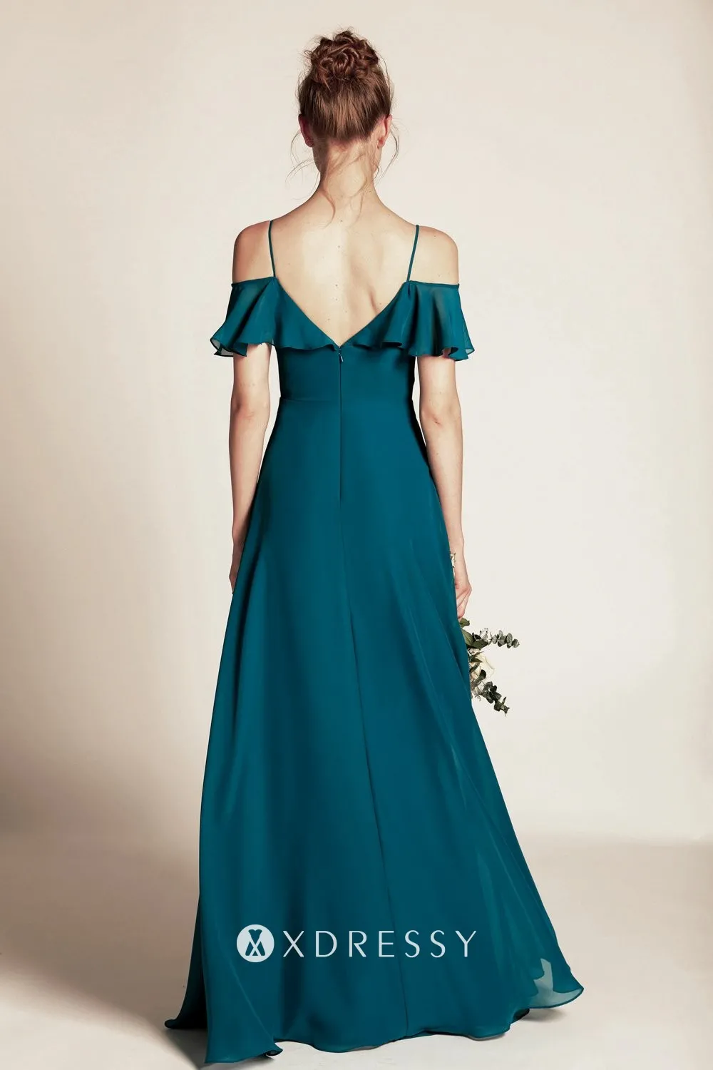 Ruffled Off-shoulder Peacock Blue Chiffon Long Dress - Xdressy