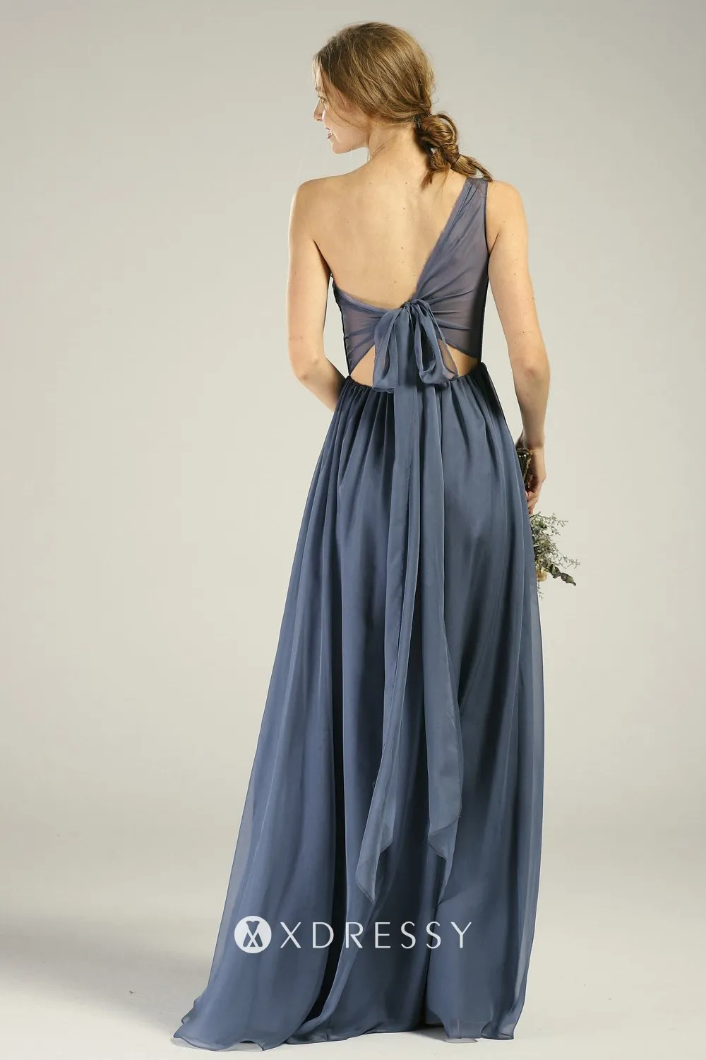 Unique One Shoulder Strap Steel Blue Lace Chiffon Dress - Xdressy