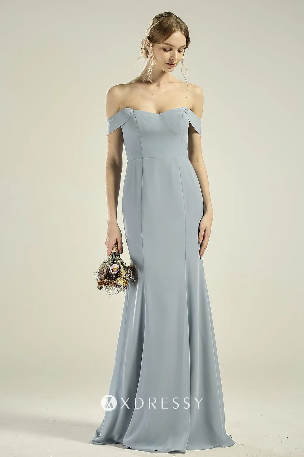 Off-shoulder Sweetheart Dusty Blue Chiffon Trumpet Gown - Xdressy