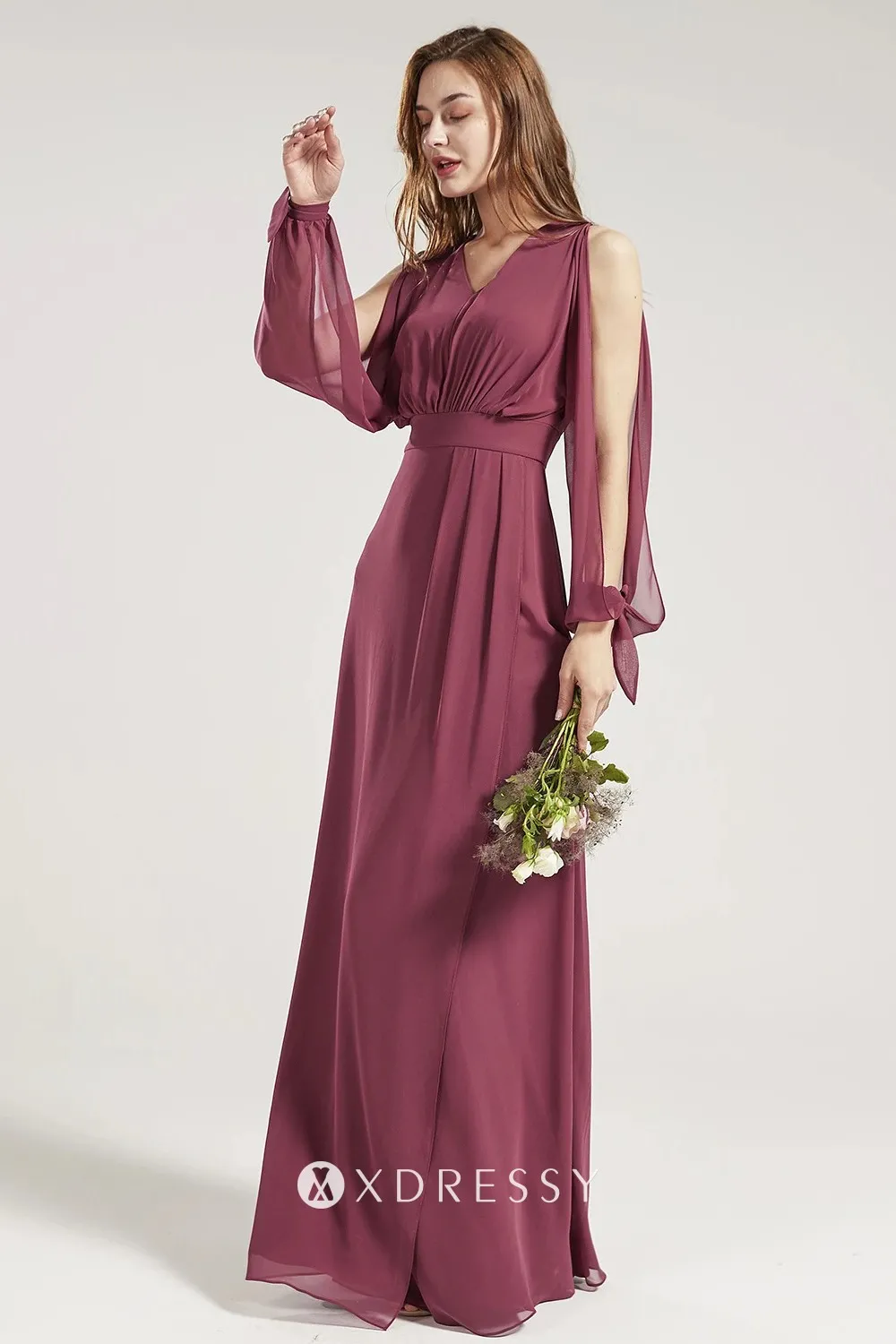 Unique Long Open Sleeves Canyon Rose Chiffon Long Dress - Xdressy