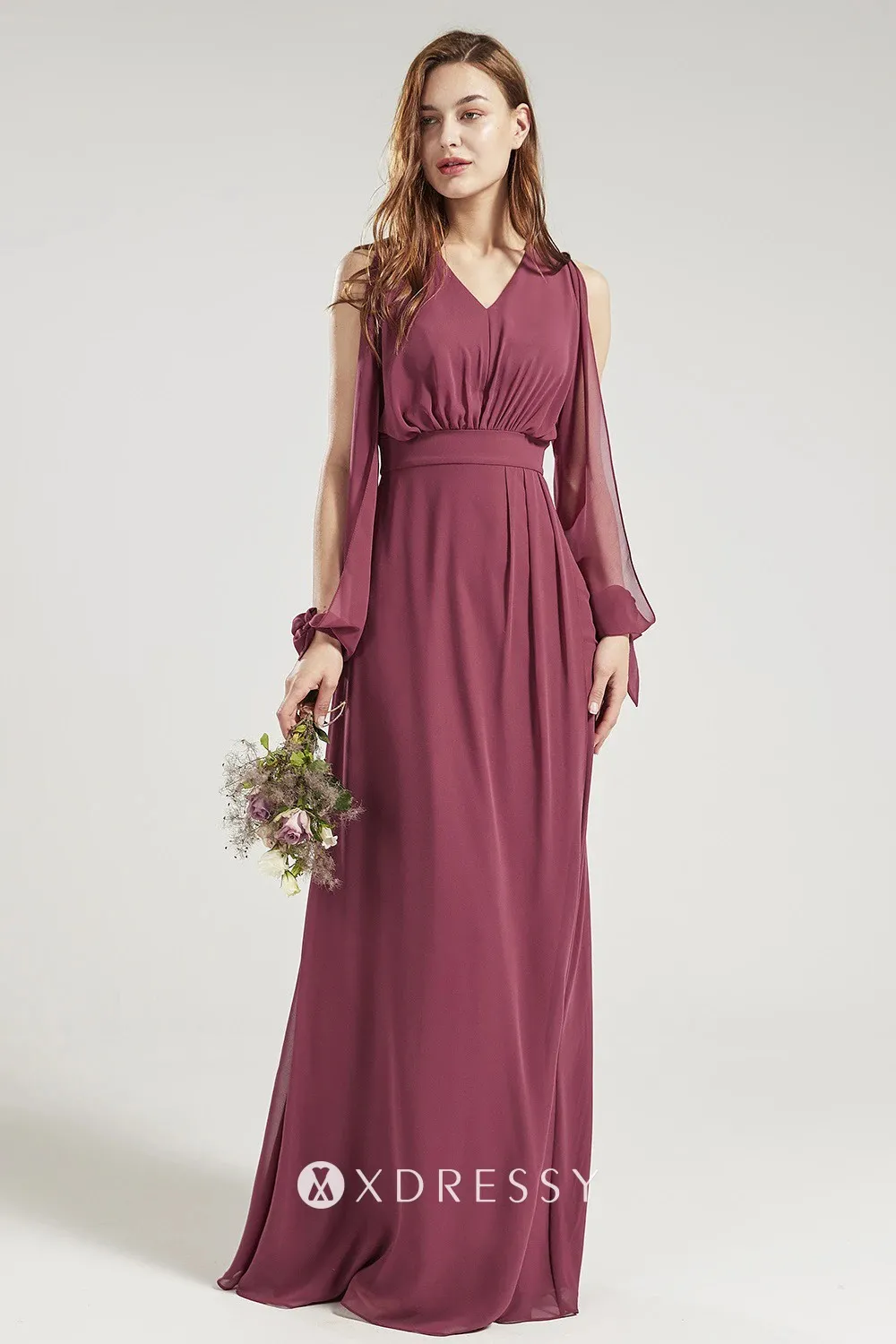 Unique Long Open Sleeves Canyon Rose Chiffon Long Dress - Xdressy
