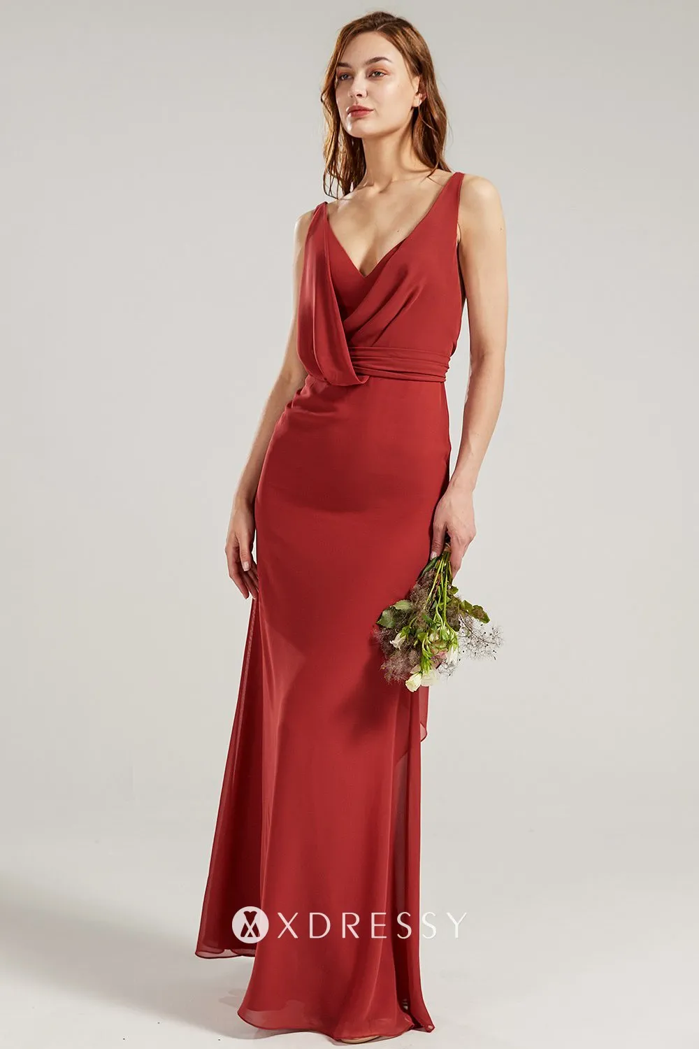 Charming Draped Brick Red Column Bridesmaid Dress - Xdressy