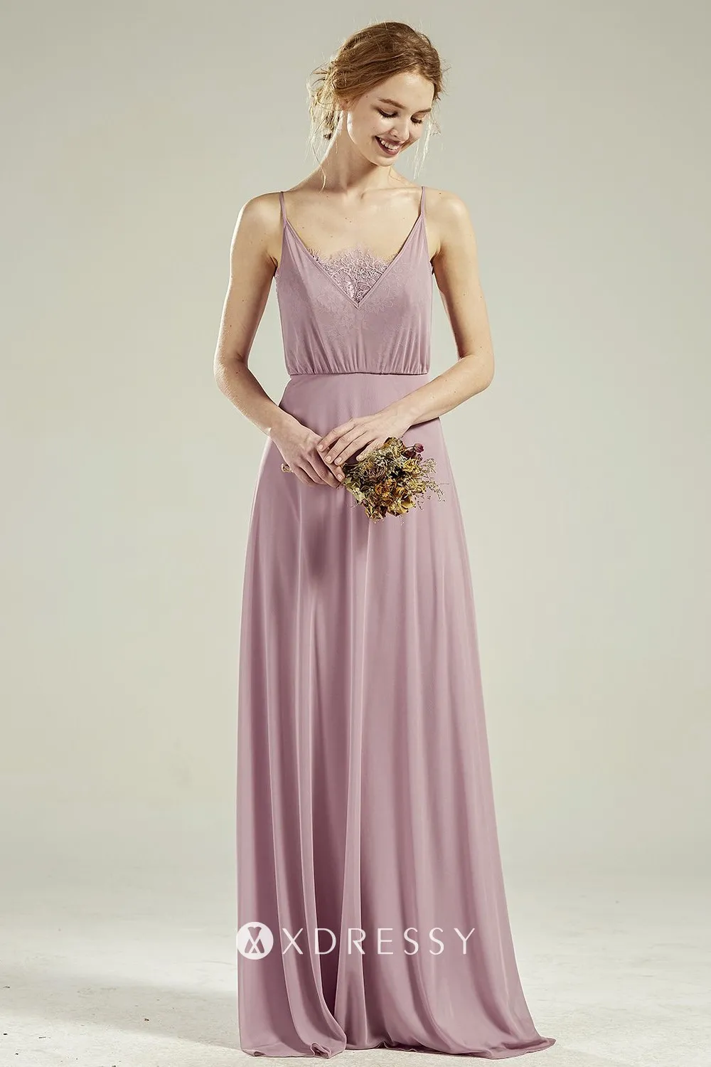 Delicate Mauve Chiffon Dress with Lace Adorned V-neck - Xdressy