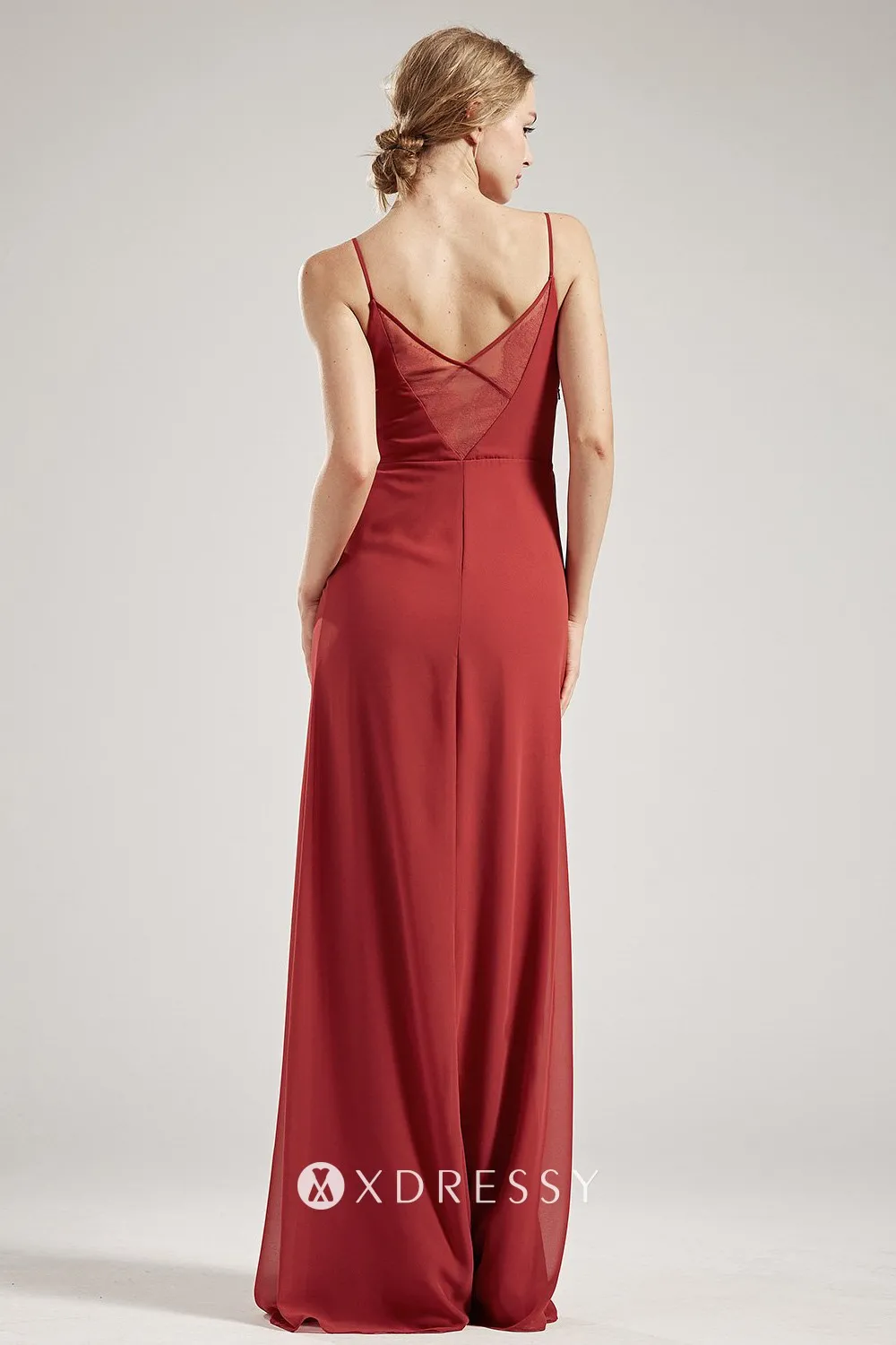 Brick Red Thin Straps Lace V-neck Long Chiffon Dress - Xdressy