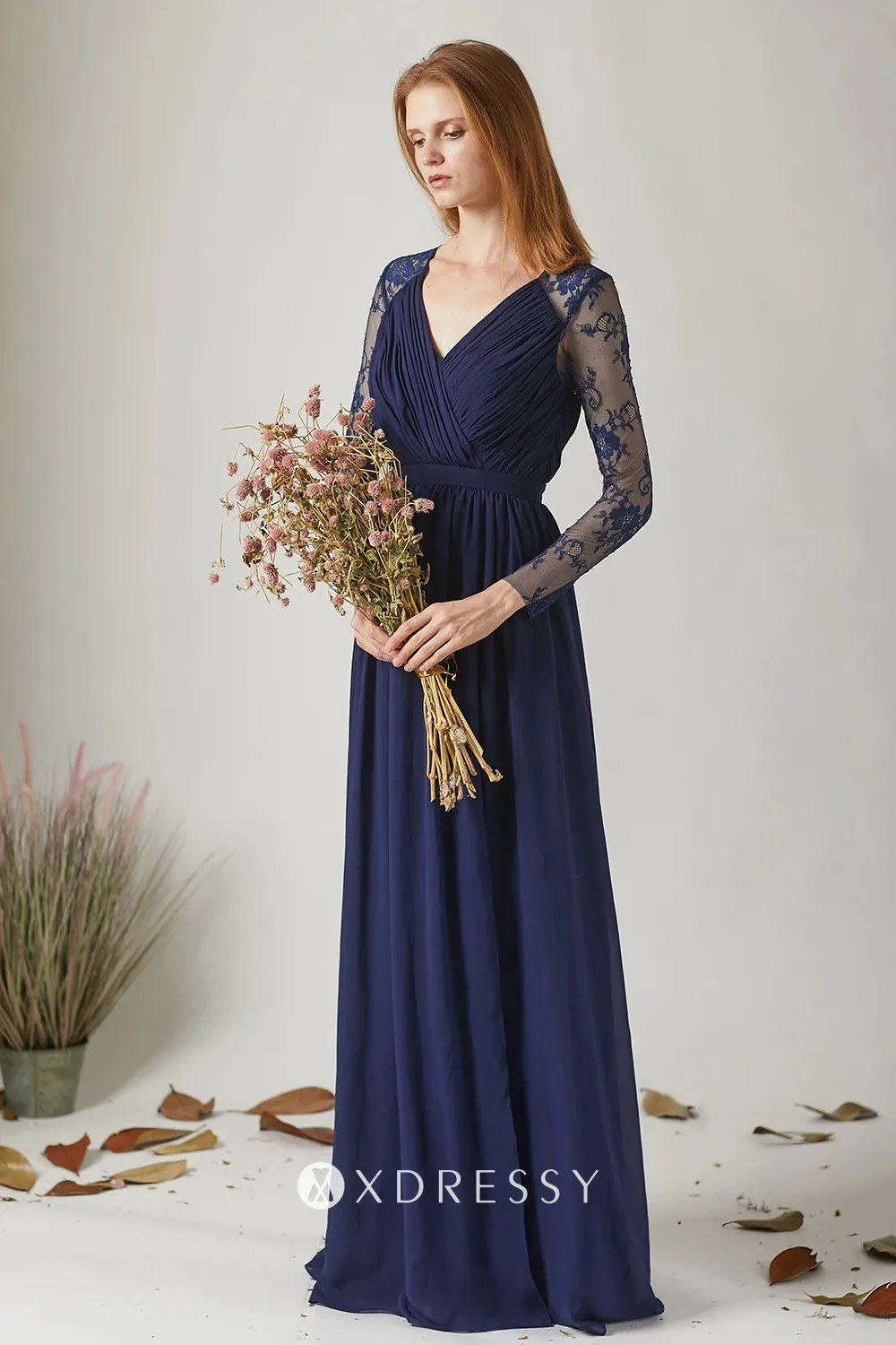 Pleated Navy Blue Long Lace Sleeve & Chiffon Long Dress - Xdressy