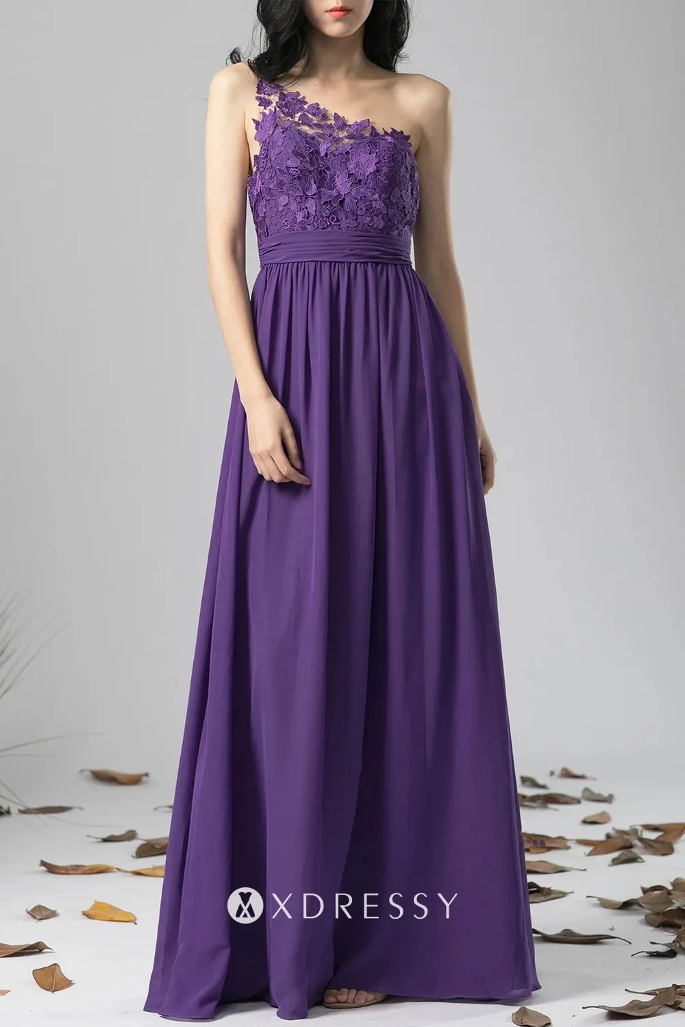 Single Shoulder Purple Floral Lace & Chiffon Long Dress - Xdressy