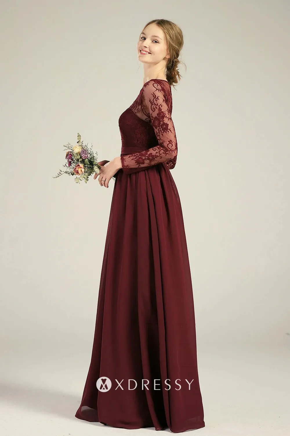 Amazing Illusion Lace Top & Sleeved Maroon Long Dress - Xdressy
