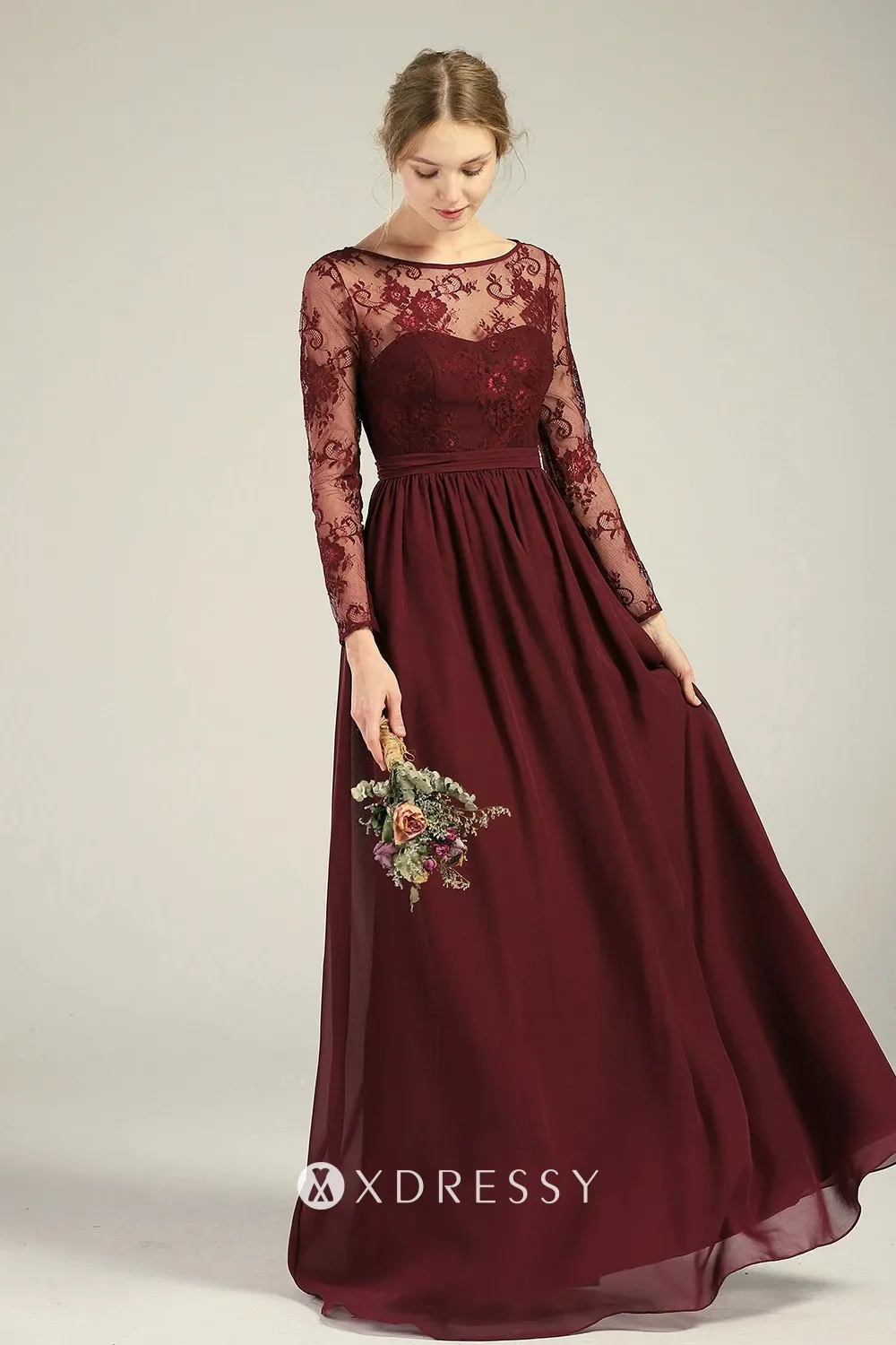 Amazing Illusion Lace Top & Sleeved Maroon Long Dress - Xdressy